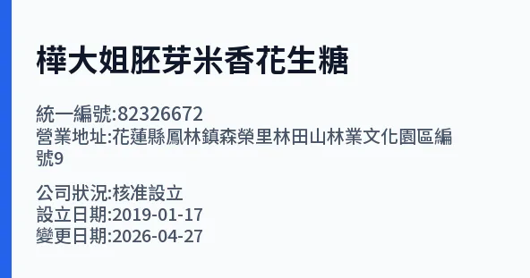 樺大姐胚芽米香花生糖的照片-統編 82326672(花蓮縣) 公司登記資料與營業項目詳細圖表