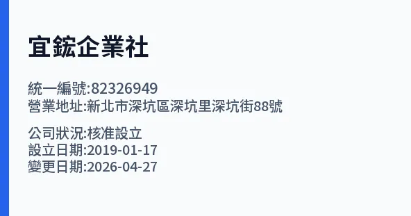 宜鋐企業社的照片-統編 82326949(新北市) 公司登記資料與營業項目詳細圖表