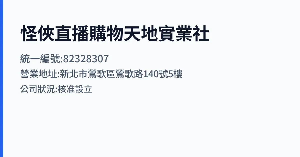 怪俠直播購物天地實業社 - 統編 82328307(新北市) 公司登記資料與營業項目詳細圖表
