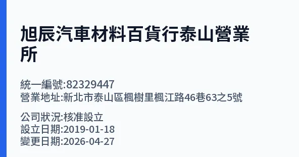 旭辰汽車材料百貨行泰山營業所的照片-統編 82329447(新北市) 公司登記資料與營業項目詳細圖表