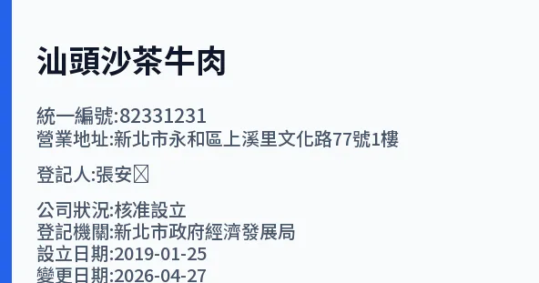 汕頭沙茶牛肉的照片-統編 82331231(新北市) 公司登記資料與營業項目詳細圖表