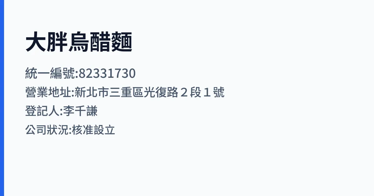 大胖烏醋麵 - 統編 82331730(新北市) 公司登記資料與營業項目詳細圖表