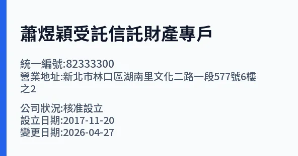 蕭煜穎受託信託財產專戶的照片-統編 82333300(新北市) 公司登記資料與營業項目詳細圖表