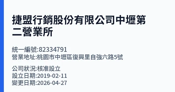捷盟行銷股份有限公司中壢第二營業所的照片-統編 82334791(桃園市) 公司登記資料與營業項目詳細圖表