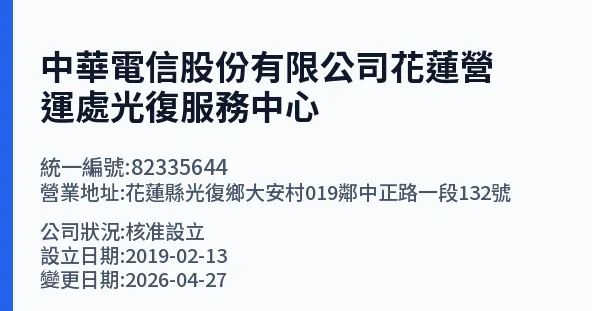 中華電信股份有限公司花蓮營運處光復服務中心的照片-統編 82335644(花蓮縣) 公司登記資料與營業項目詳細圖表
