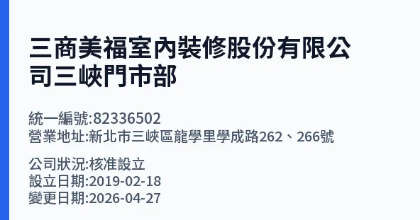 三商美福室內裝修股份有限公司三峽門市部的照片-統編 82336502(新北市) 公司登記資料與營業項目詳細圖表