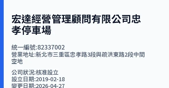 宏達經營管理顧問有限公司忠孝停車場的照片-統編 82337002(新北市) 公司登記資料與營業項目詳細圖表