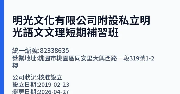 明光文化有限公司附設私立明光語文文理短期補習班的照片-統編 82338635(桃園市) 公司登記資料與營業項目詳細圖表