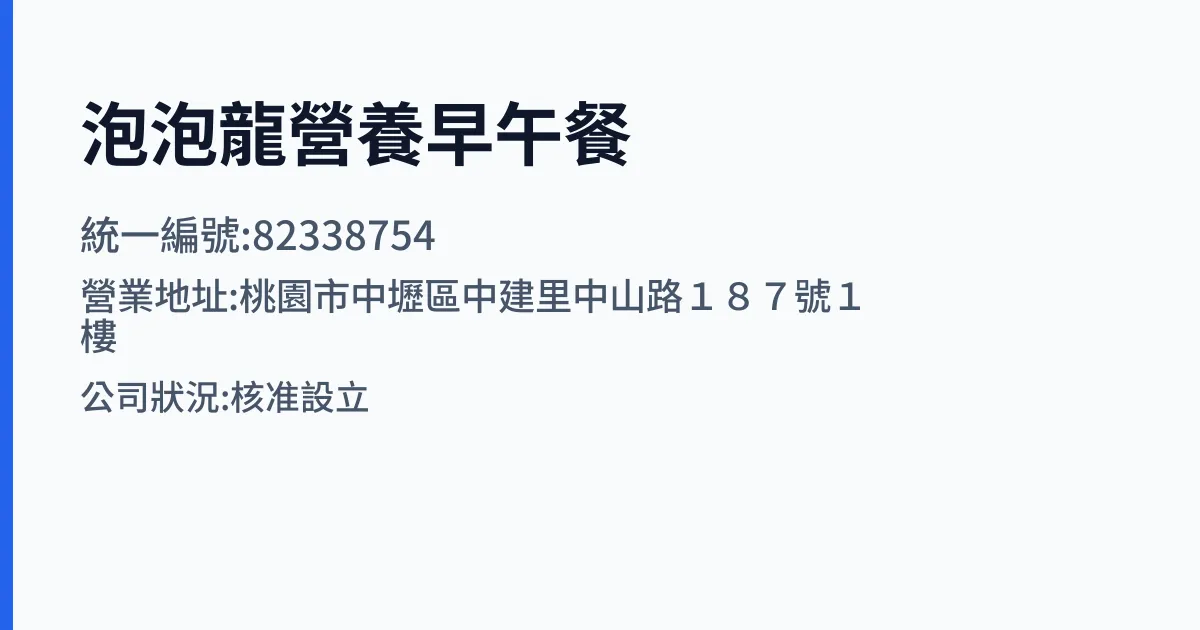 泡泡龍營養早午餐 - 統編 82338754(桃園市) 公司登記資料與營業項目詳細圖表