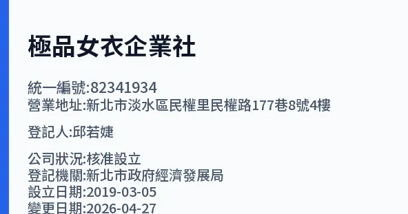 極品女衣企業社的照片-統編 82341934(新北市) 公司登記資料與營業項目詳細圖表