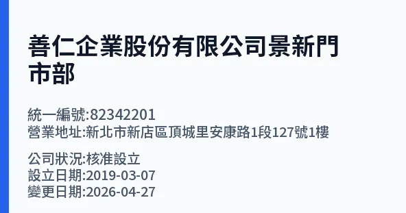善仁企業股份有限公司景新門市部的照片-統編 82342201(新北市) 公司登記資料與營業項目詳細圖表