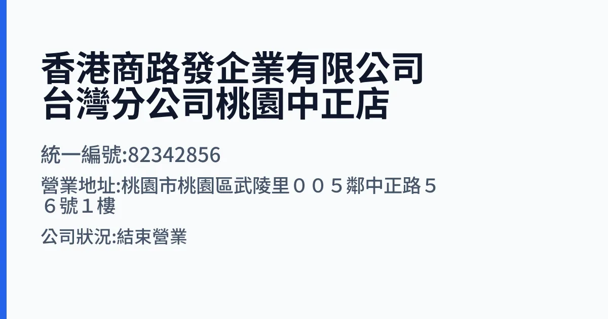 香港商路發企業有限公司台灣分公司桃園中正店 - 統編 82342856(桃園市) 公司登記資料與營業項目詳細圖表
