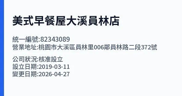美式早餐屋大溪員林店的照片-統編 82343089(桃園市) 公司登記資料與營業項目詳細圖表