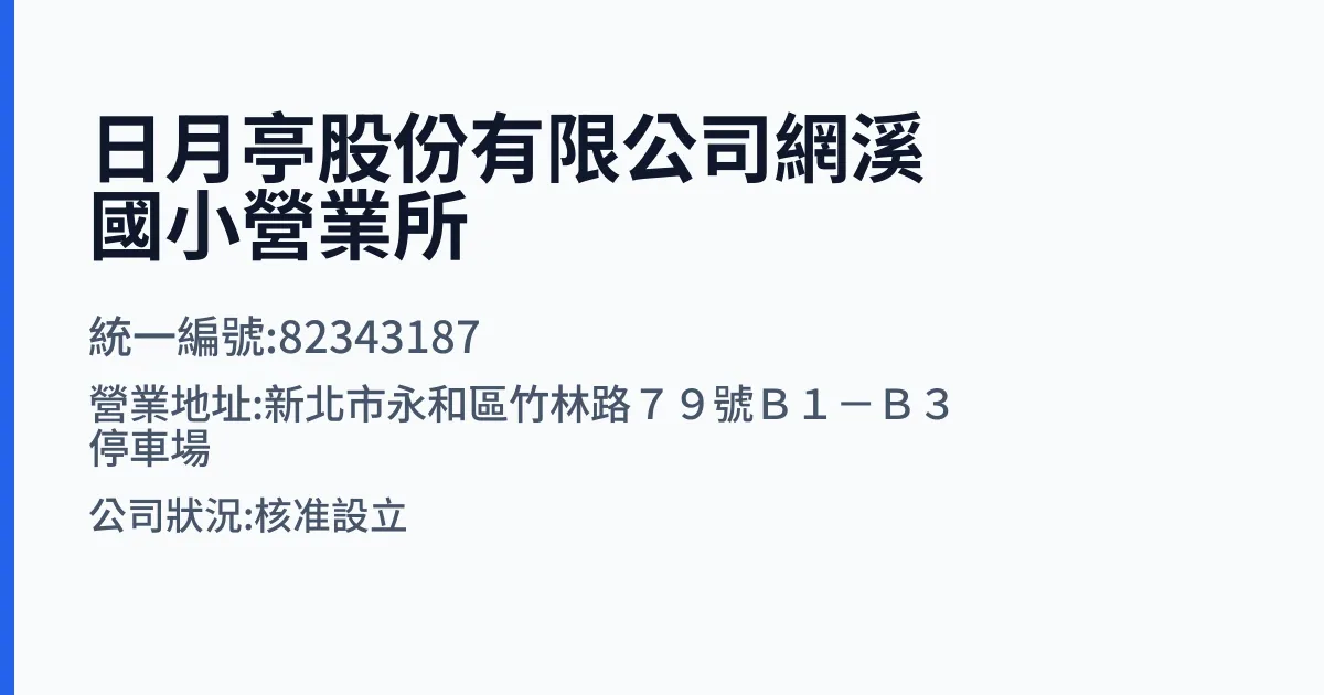 日月亭股份有限公司網溪國小營業所 - 統編 82343187(新北市) 公司登記資料與營業項目詳細圖表