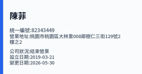 陳菲的照片-統編 82343449(桃園市) 公司登記資料與營業項目詳細圖表