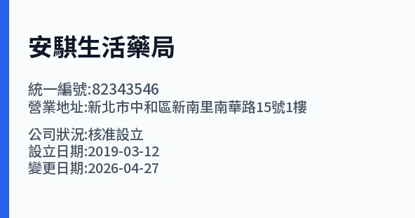 安騏生活藥局的照片-統編 82343546(新北市) 公司登記資料與營業項目詳細圖表