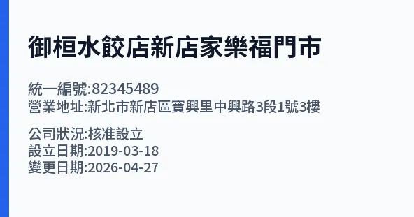 御桓水餃店新店家樂福門市的照片-統編 82345489(新北市) 公司登記資料與營業項目詳細圖表