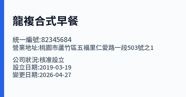 龍複合式早餐的照片-統編 82345684(桃園市) 公司登記資料與營業項目詳細圖表