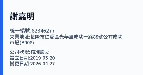 謝嘉明的照片-統編 82346277(基隆市) 公司登記資料與營業項目詳細圖表