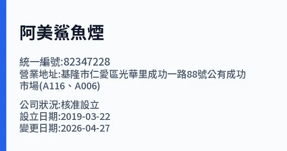 阿美鯊魚煙的照片-統編 82347228(基隆市) 公司登記資料與營業項目詳細圖表