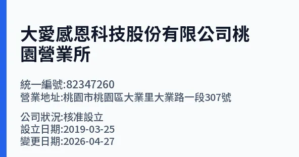 大愛感恩科技股份有限公司桃園營業所的照片-統編 82347260(桃園市) 公司登記資料與營業項目詳細圖表