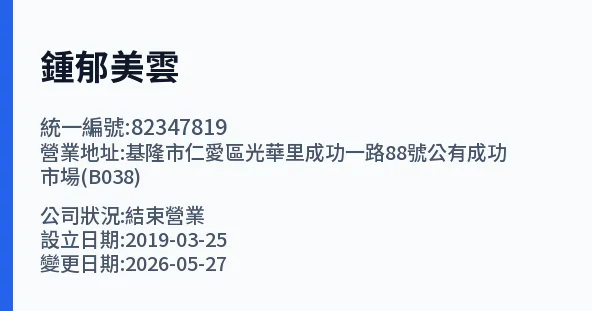 鍾郁美雲的照片-統編 82347819(基隆市) 公司登記資料與營業項目詳細圖表