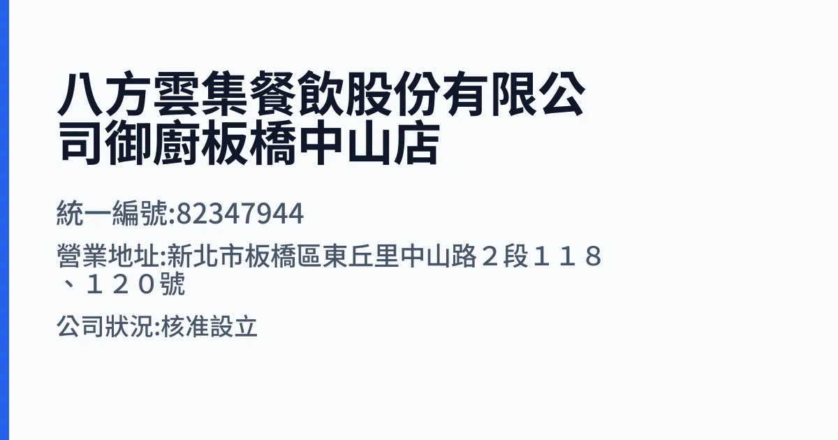 八方雲集餐飲股份有限公司御廚板橋中山店 - 統編 82347944（新北市） 公司登記資料與營業項目詳細圖表