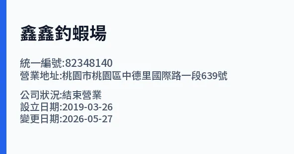 鑫鑫釣蝦場的照片-統編 82348140(桃園市) 公司登記資料與營業項目詳細圖表
