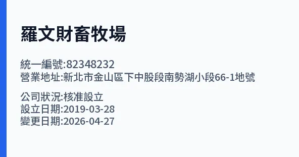 羅文財畜牧場的照片-統編 82348232(新北市) 公司登記資料與營業項目詳細圖表