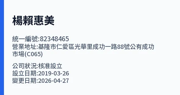 楊賴惠美的照片-統編 82348465(基隆市) 公司登記資料與營業項目詳細圖表