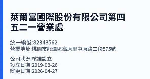 萊爾富國際股份有限公司第四五二一營業處的照片-統編 82348562(桃園市) 公司登記資料與營業項目詳細圖表