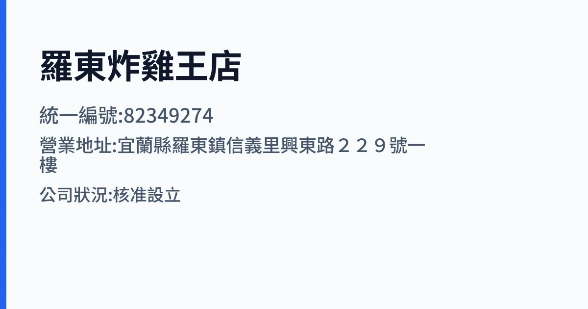 羅東炸雞王店 - 統編 82349274(宜蘭縣) 公司登記資料與營業項目詳細圖表