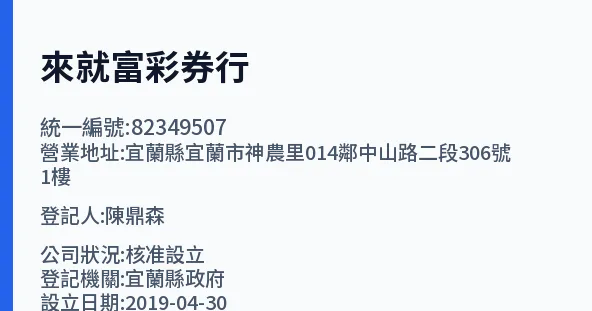 來就富彩券行的照片-統編 82349507(宜蘭縣) 公司登記資料與營業項目詳細圖表