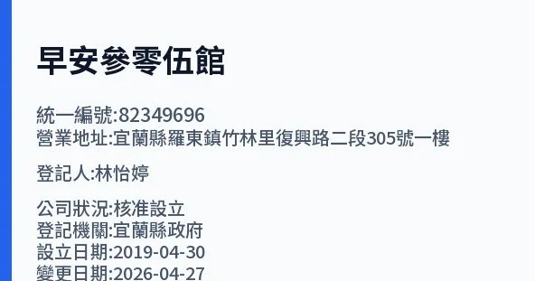 早安參零伍館的照片-統編 82349696(宜蘭縣) 公司登記資料與營業項目詳細圖表