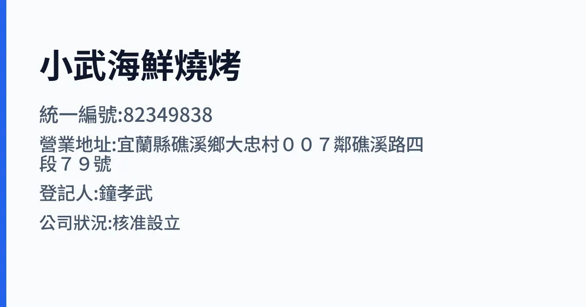 小武海鮮燒烤 - 統編 82349838(宜蘭縣) 公司登記資料與營業項目詳細圖表
