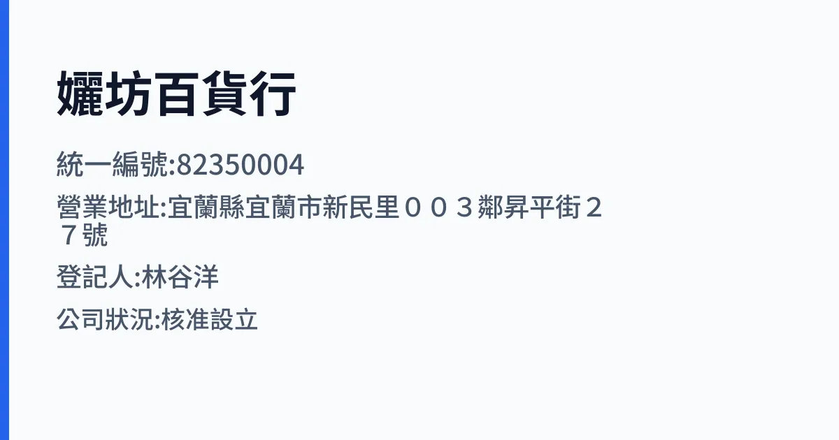 孋坊百貨行 - 統編 82350004(宜蘭縣) 公司登記資料與營業項目詳細圖表