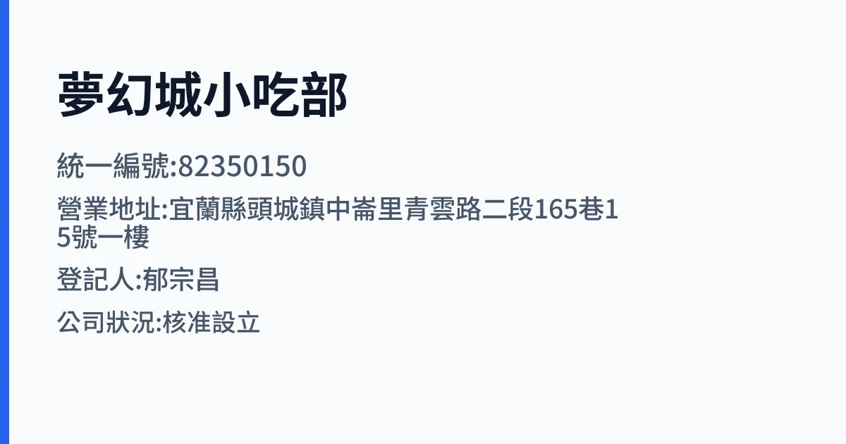 夢幻城小吃部 - 統編 82350150(宜蘭縣) 公司登記資料與營業項目詳細圖表