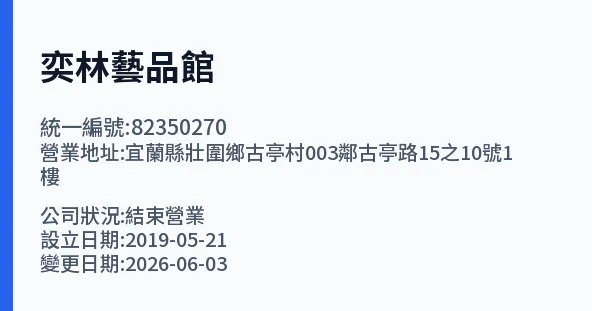 奕林藝品館的照片-統編 82350270(宜蘭縣) 公司登記資料與營業項目詳細圖表