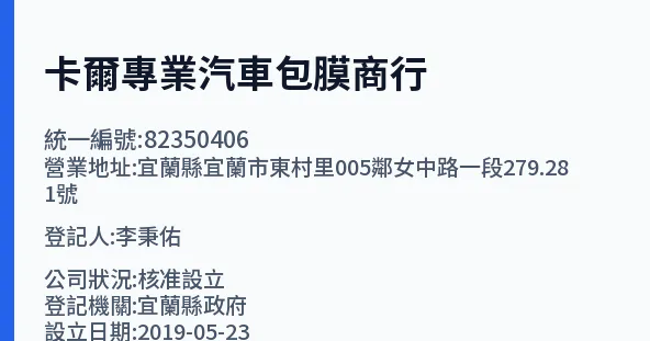 卡爾專業汽車包膜商行的照片-統編 82350406(宜蘭縣) 公司登記資料與營業項目詳細圖表
