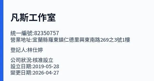凡斯工作室的照片-統編 82350757(宜蘭縣) 公司登記資料與營業項目詳細圖表