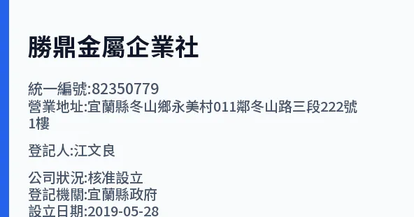 勝鼎金屬企業社的照片-統編 82350779(宜蘭縣) 公司登記資料與營業項目詳細圖表