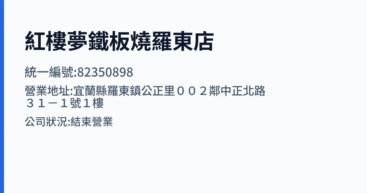 紅樓夢鐵板燒羅東店 - 統編 82350898(宜蘭縣) 公司登記資料與營業項目詳細圖表