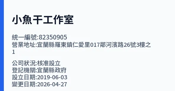 小魚干工作室的照片-統編 82350905(宜蘭縣) 公司登記資料與營業項目詳細圖表