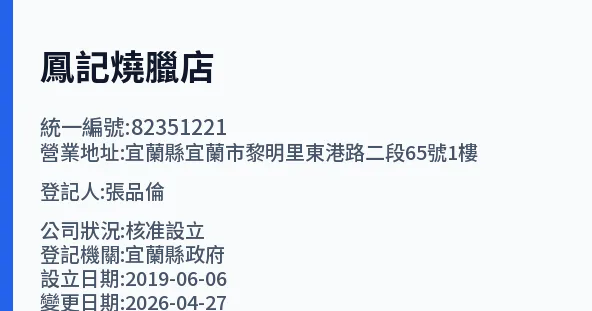 鳳記燒臘店的照片-統編 82351221(宜蘭縣) 公司登記資料與營業項目詳細圖表