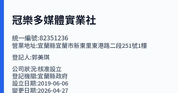 冠樂多媒體實業社的照片-統編 82351236(宜蘭縣) 公司登記資料與營業項目詳細圖表