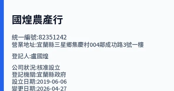 國煌農產行的照片-統編 82351242(宜蘭縣) 公司登記資料與營業項目詳細圖表