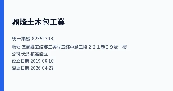 鼎烽土木包工業的照片-統編 82351313(宜蘭縣) 公司登記資料與營業項目詳細圖表