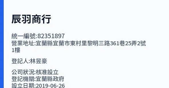 辰羽商行的照片-統編 82351897(宜蘭縣) 公司登記資料與營業項目詳細圖表