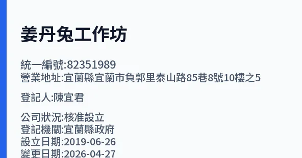 姜丹兔工作坊的照片-統編 82351989(宜蘭縣) 公司登記資料與營業項目詳細圖表