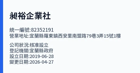 昶裕企業社的照片-統編 82352191(宜蘭縣) 公司登記資料與營業項目詳細圖表